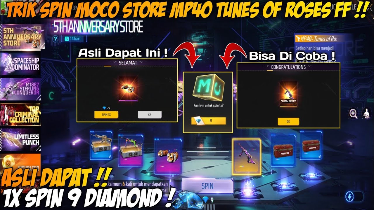 TRIK 1X SPIN !! CARA MENDAPATKAN MP40 TUNES OF ROSES MOCO STORE ANNIVERSARY 1X SPIN 9 DIAMOND ‼️ ...