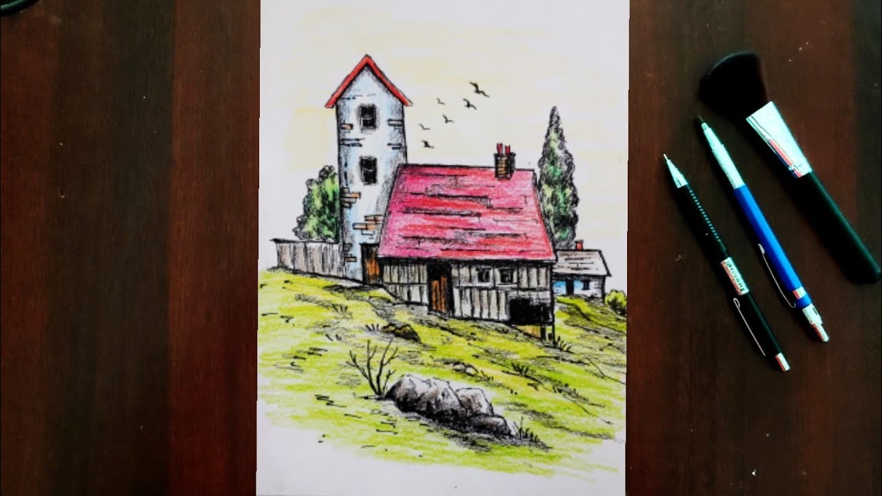 Easy House Landscape Drawing // Color pencils Drawings Tutorial for ...