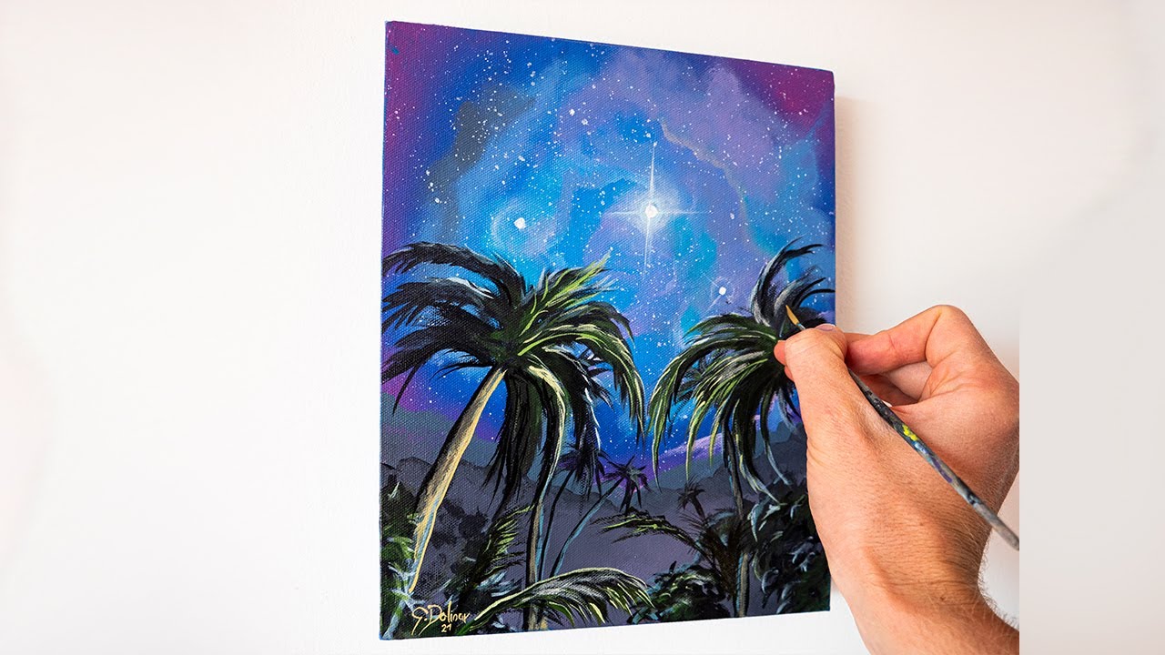 Acrylic painting of a night sky landscape step by step easy Tutorial ...