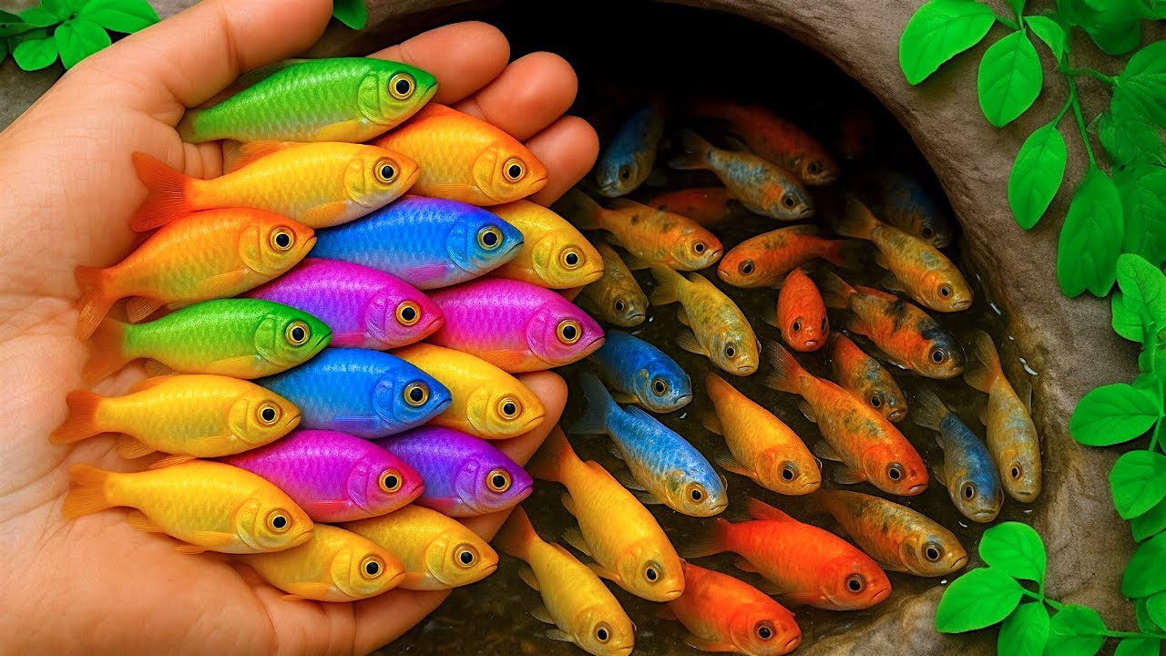 Great Catch Colorful Aquarium Fish In Small Pond, Albino Guppy, Platy ...