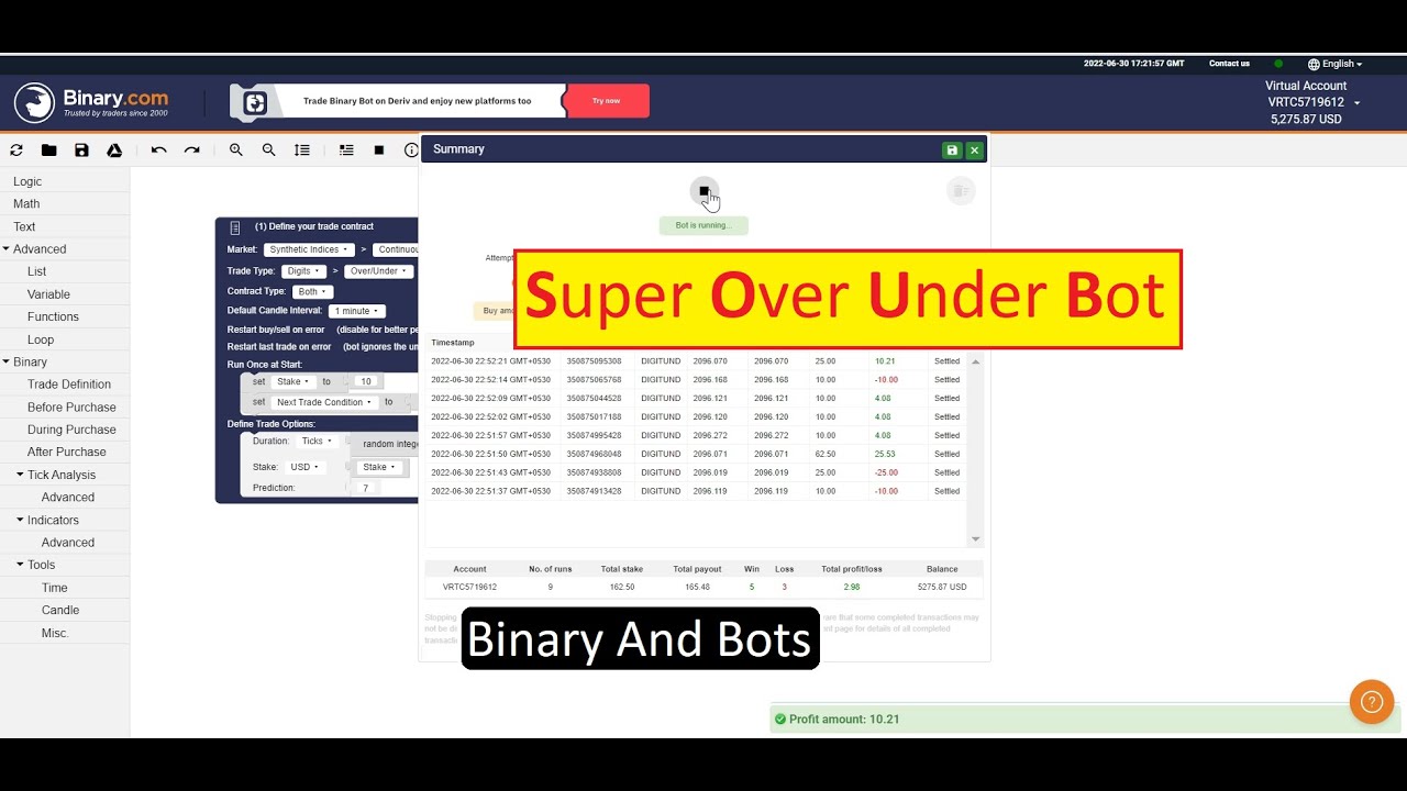 Super Over Under Bot (binary.com) - YouTube