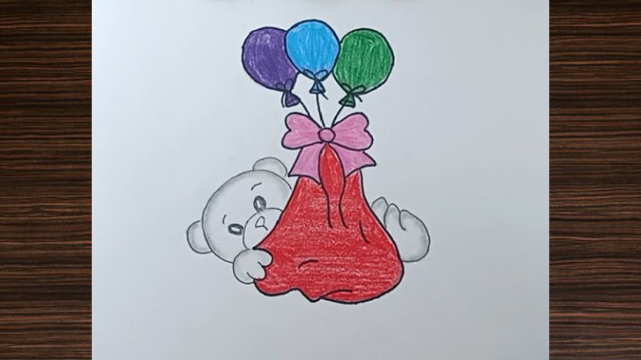 How to draw | Teddy bear falling with balloons | Teddy bear drawing ...