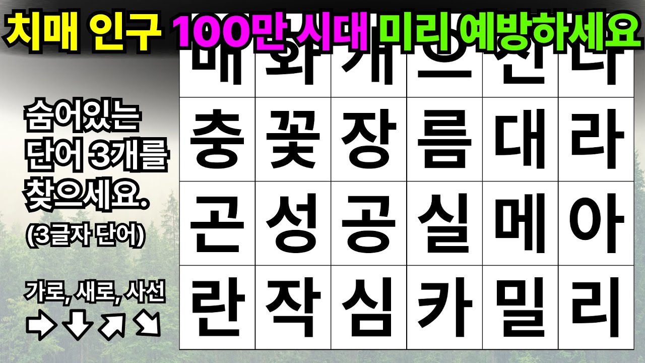치매 인구 100만 시대 미리 예방하세요 치매예방퀴즈 치매예방활동 치매테스트 숨은단어찾기 집중력향상 단어