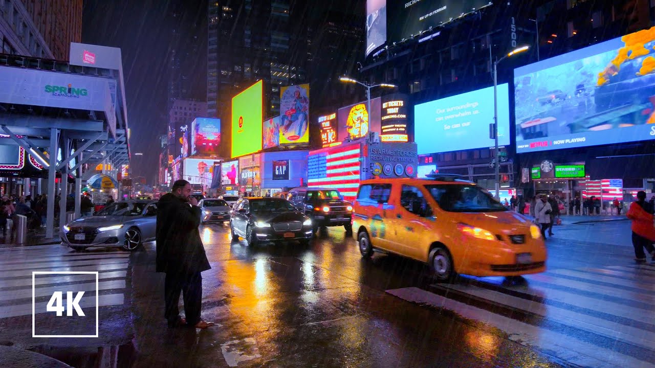 Raining in TIMES SQUARE NYC at NIGHT 🗽 Walking Tour New York City - YouTube