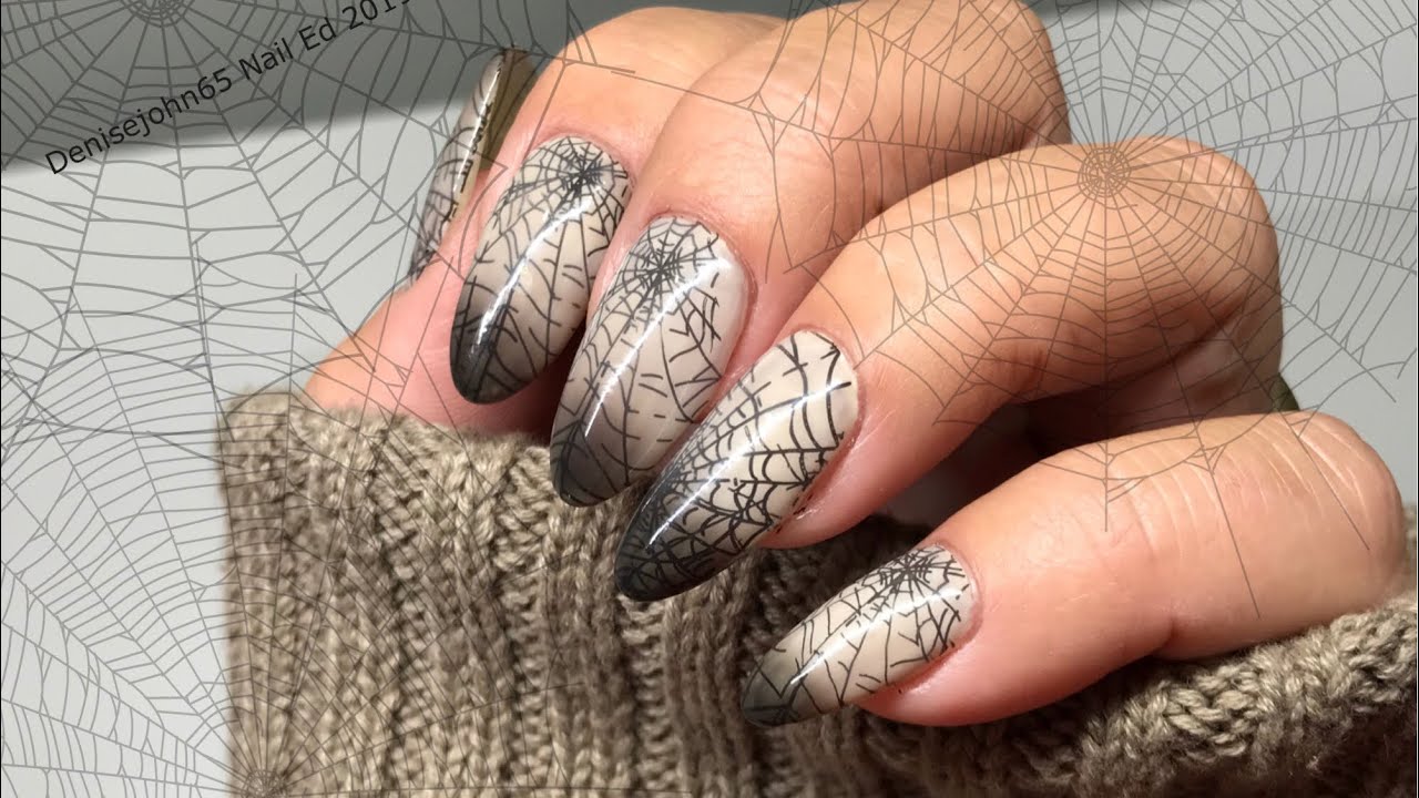 Halloween Spider Web Nails Using Black Thermal Gel Polish & Stamping ...