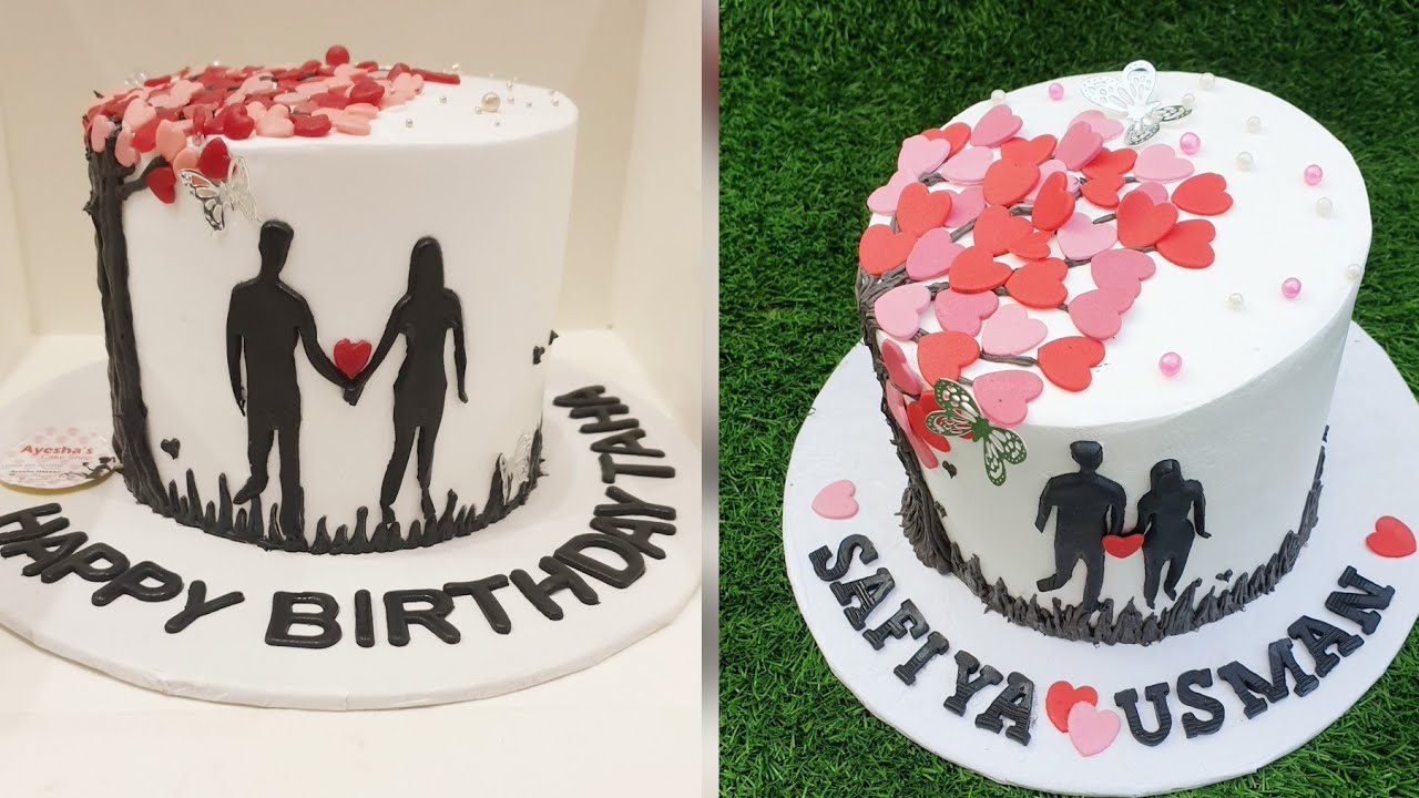 Anniversary Cake Decoration In Whipped Cream | Couples Cake Design ...