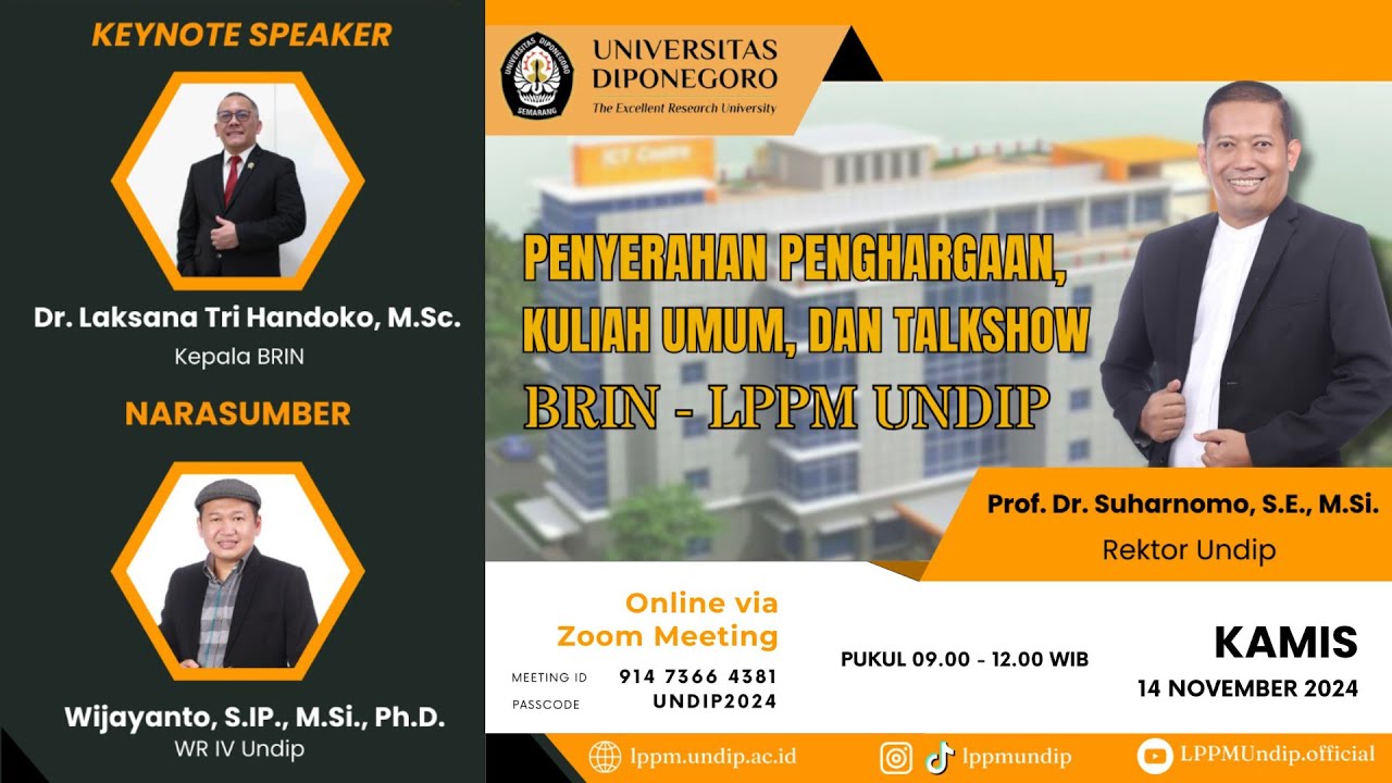 PENYERAHAN PENGHARGAAN, KULIAH UMUM & TALK SHOW BRIN - LPPM UNDIP - YouTube
