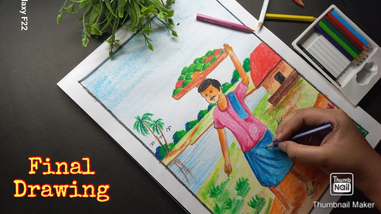 How to draw village scenery with a man ||village scenery|| Full Drawing ...
