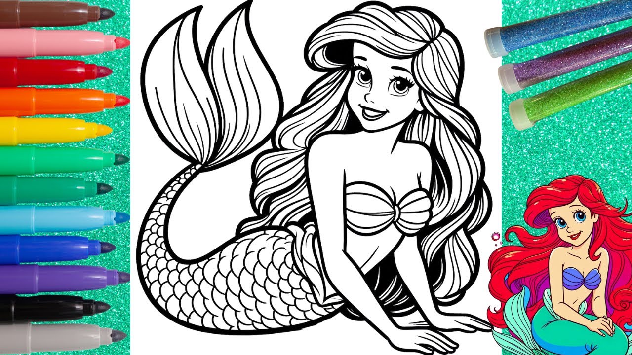 How to Color Disney Princess Ariel Coloring Page 🌊 (Markers & Glitter ...