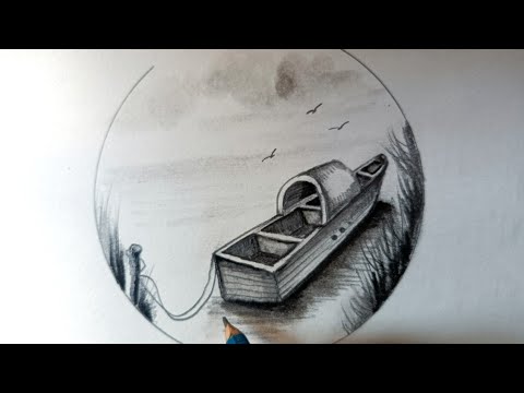 Amazing Drawing Of Boat in the lake step by step / pencil scenery ...