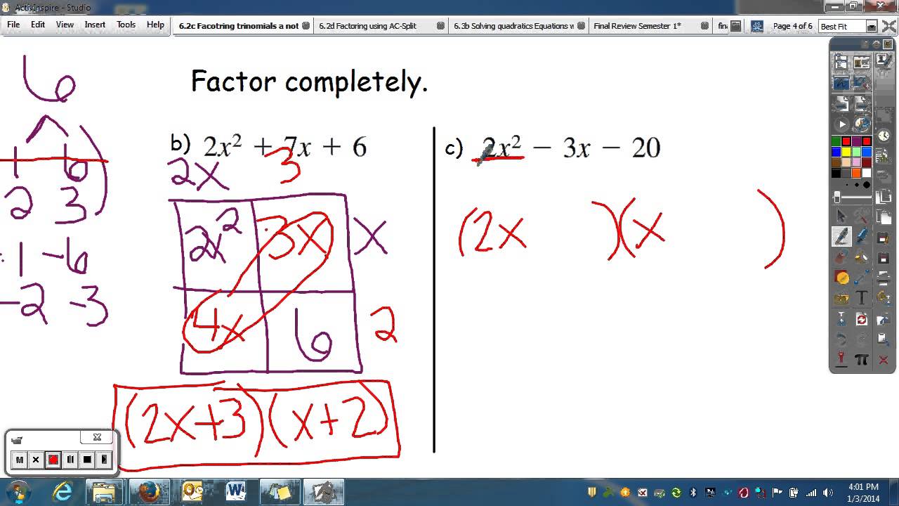 Algebra 6.2c Factoring Trinomials when a is not 1 - YouTube