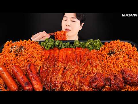 ASMR MUKBANG | Fire Noodles, Spicy Enoki Mushrooms, Fried Chicken, Sausage Spicy Food EATING SOUND