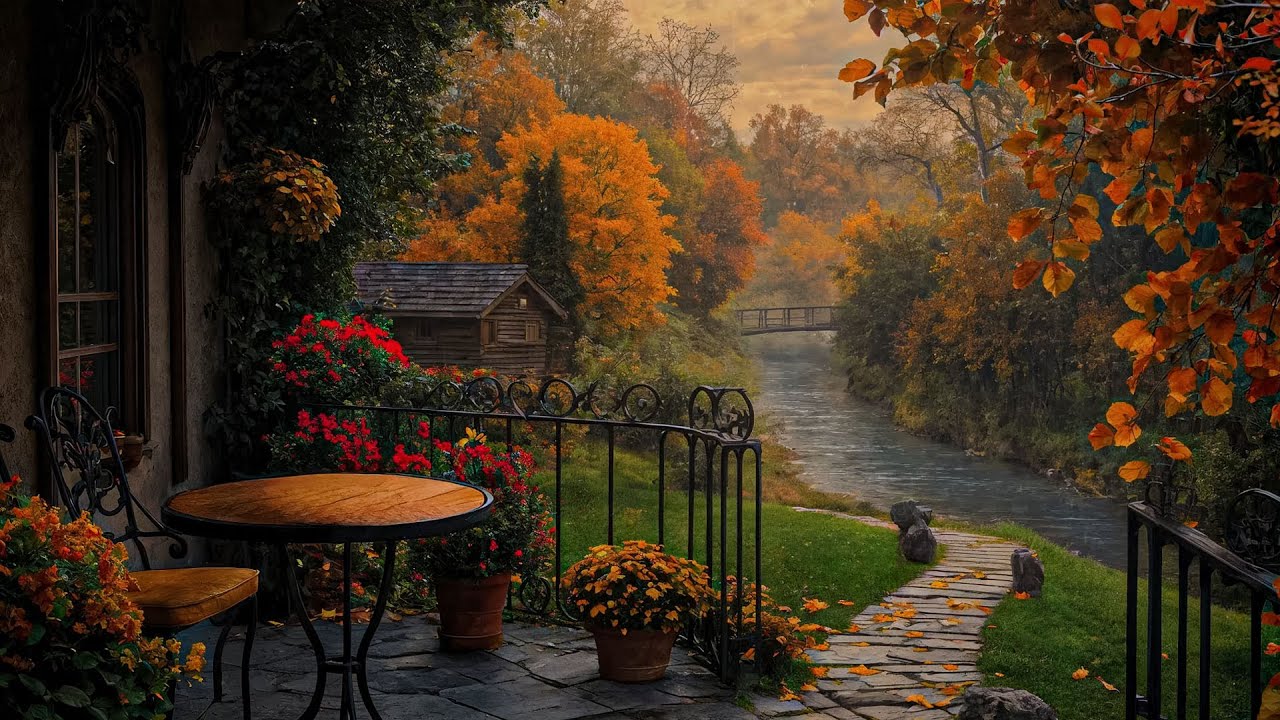 Tranquil Autumn Balcony 🌧️ Rain Sounds with River View for Relax ...