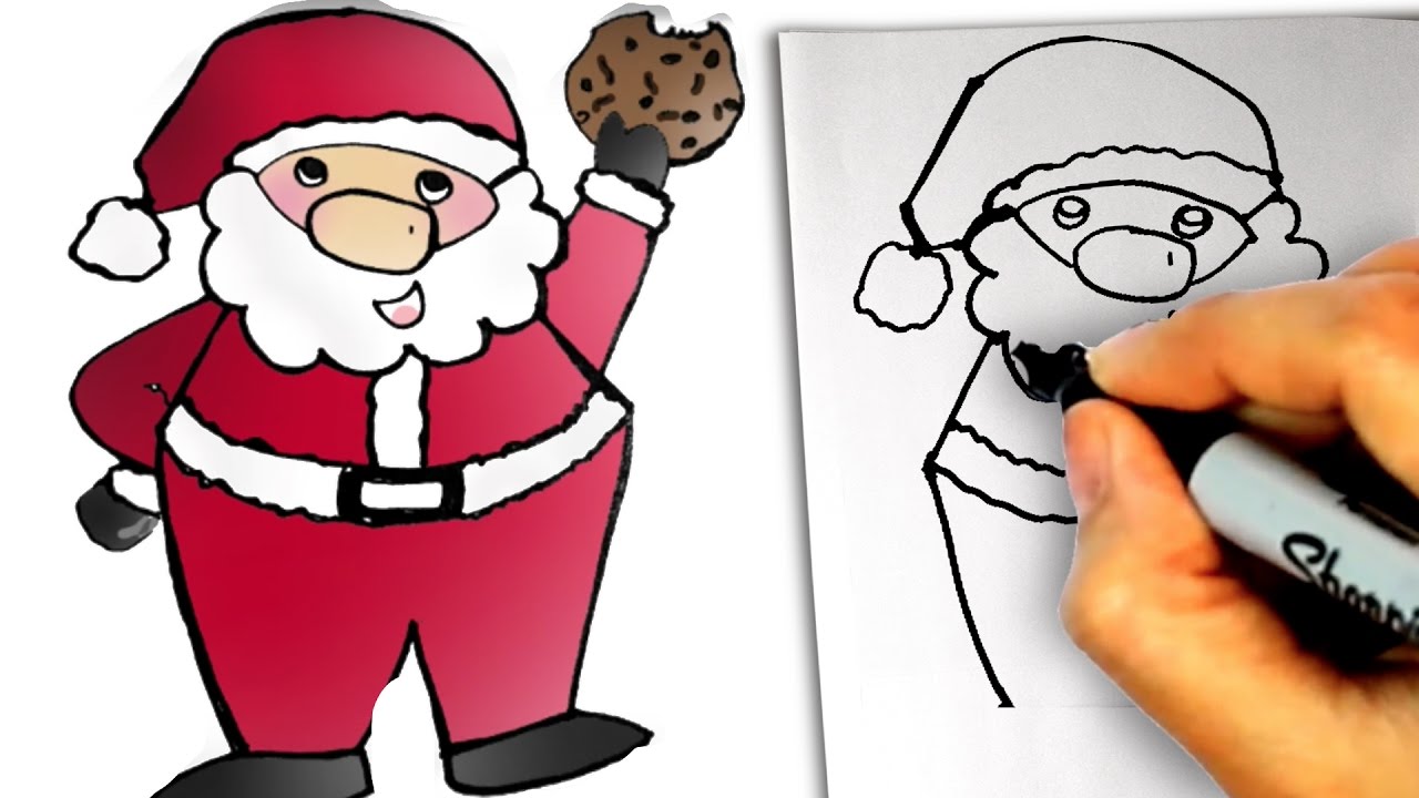how to draw santa EASY STEP BY STEP TUTORIAL - CUTE SANTA AND COOKIE ...
