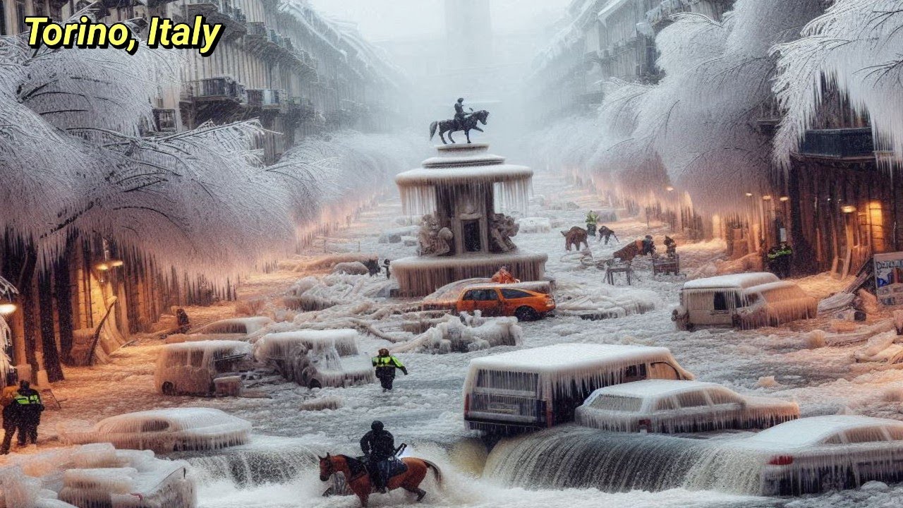 Severe ice storm in Turin, Italy: streets flooded with ice and property ...