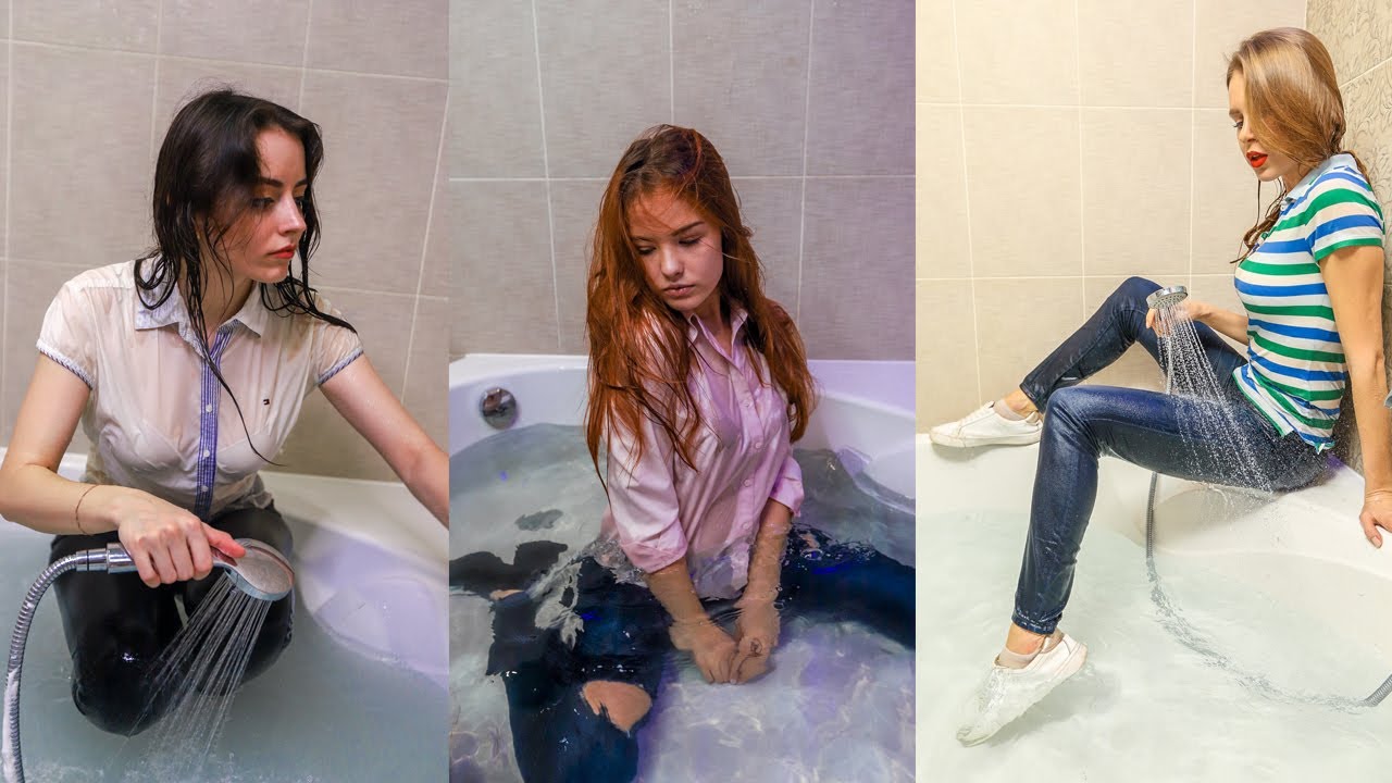 NASTYA, NATASHA, JENYA POSE GREATLY IN THE BATHROOM POURING WATER FROM ...