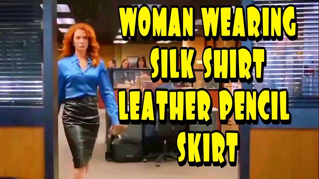 WOMAN WEARING SILK SHIRT AND LEATHER PENCIL SKIRT SLOW MO WALK - YouTube