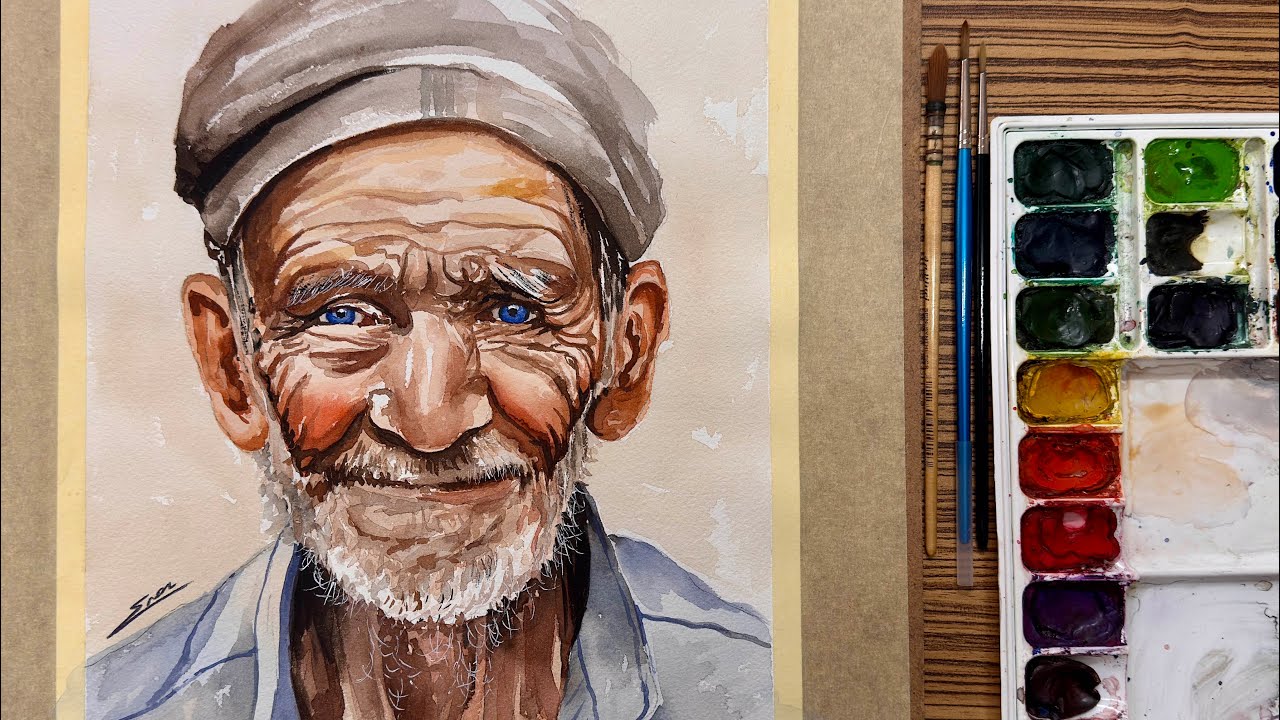 Watercolor painting portrait old man - YouTube