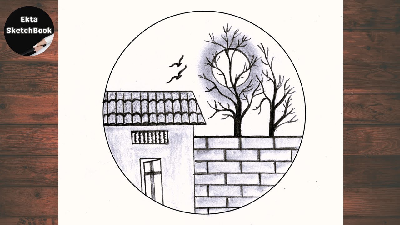 How to draw a circle scenery | Step by step nature drawing for ...