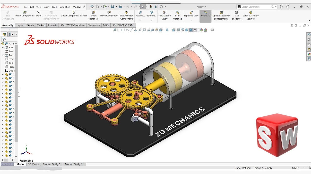 04 - Double Piston Mechanism by SolidWorks ( Gears - Crankshaft - Dual ...