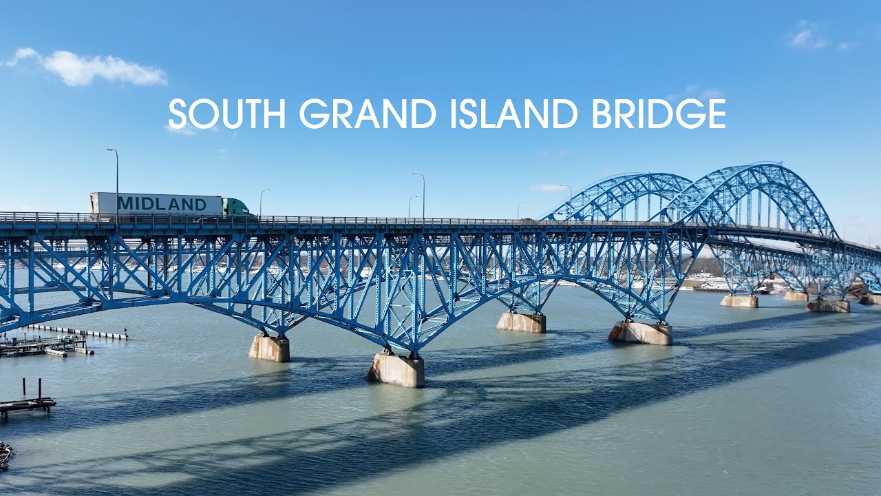 Beautiful aerials of South Grand Island Bridge on Niagara River outside ...