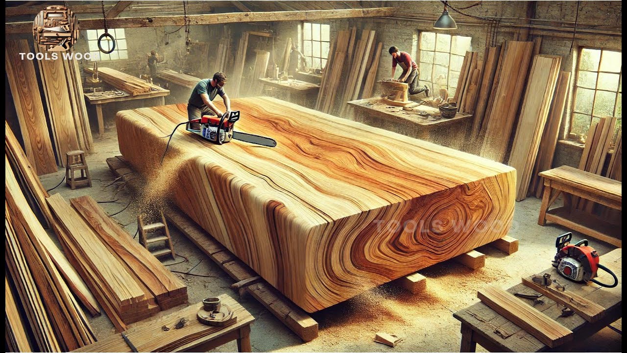 Carpintero Cortando madera para crear una mesa de madera gigante ...