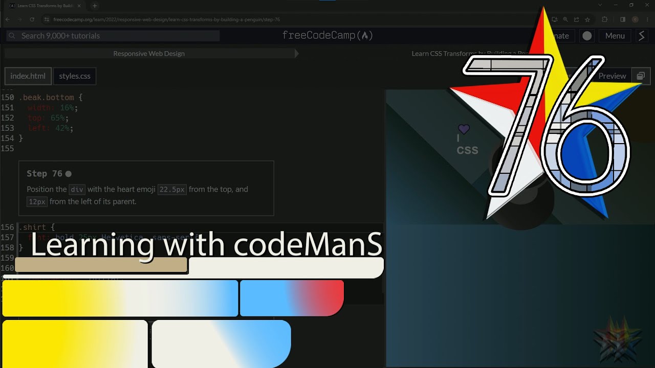 Build A Penguin Step 76 Learn Css And Html Freecodecamp Youtube