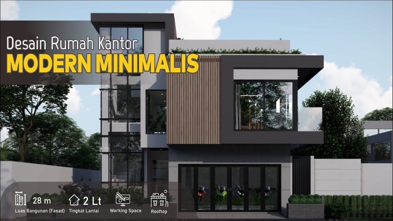 Desain rumah kantor (RUKAN) modern minimalis | 2 lantai plus Rooftop ...