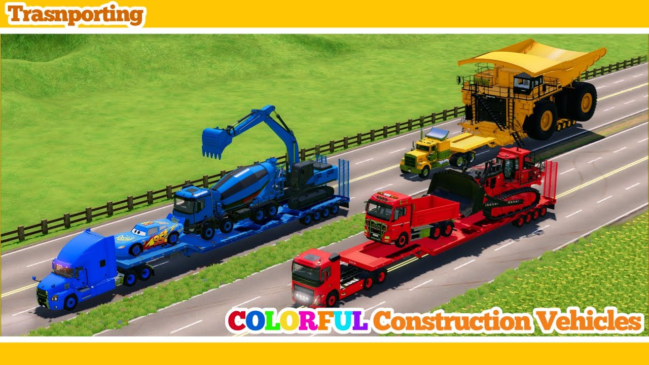Transporting Colorful Construction Vehicles With Colorful Flatbed ...