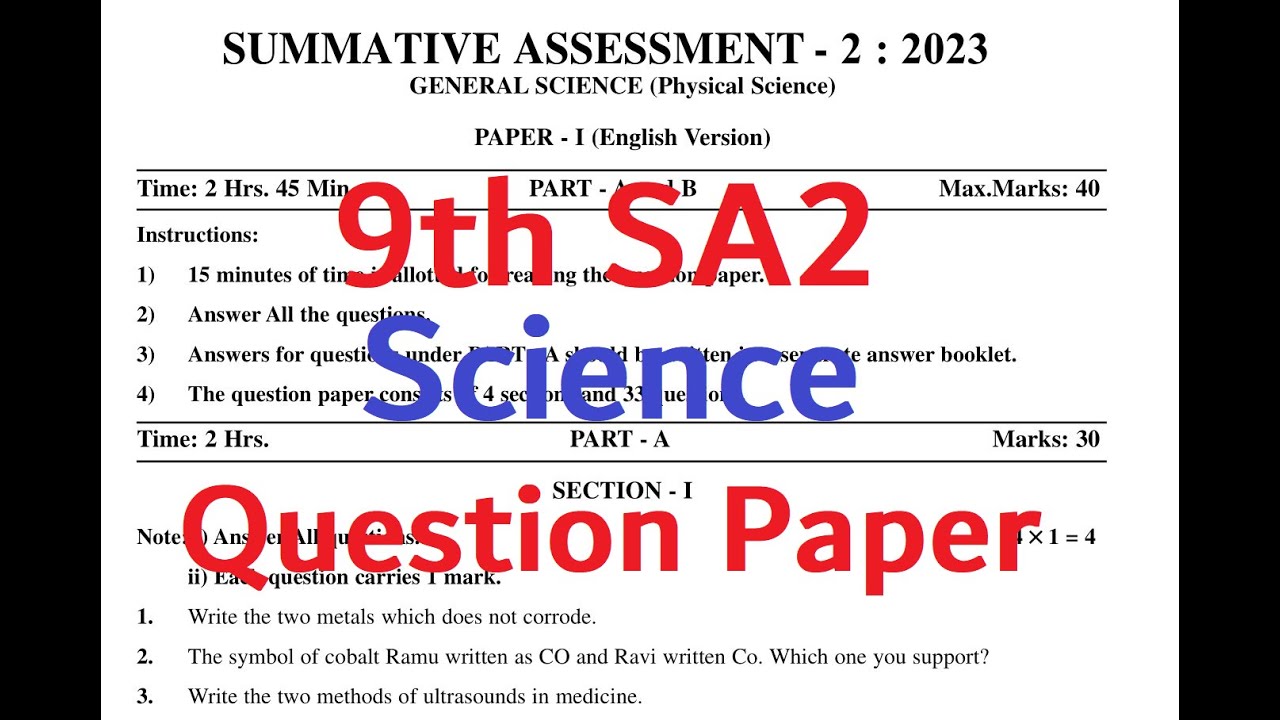 AP SA 2 9th Class Science Question Paper 2023 AP SA2 Physical Sciecne ...