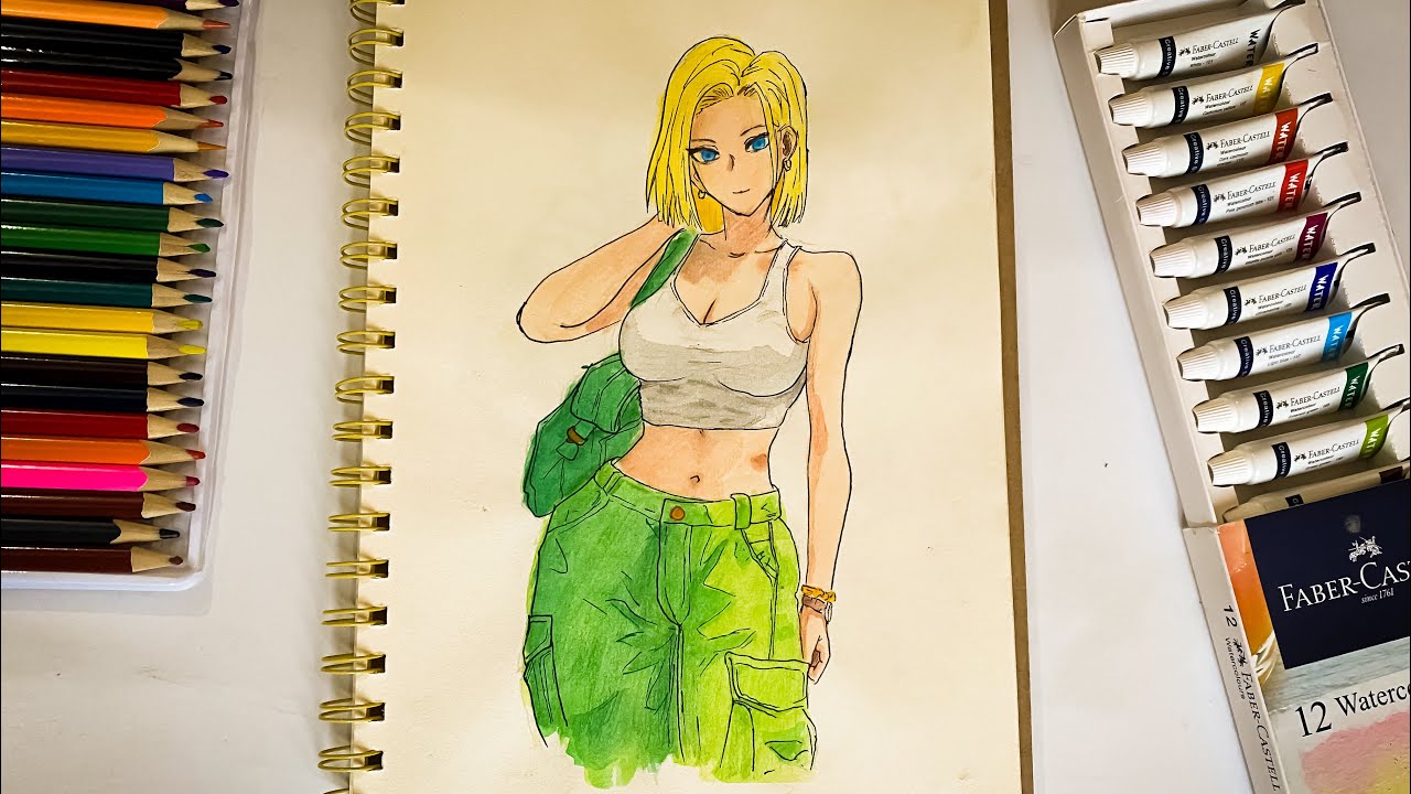 Drawing android 18 from dragon ball || watercolour and pencil colour ...