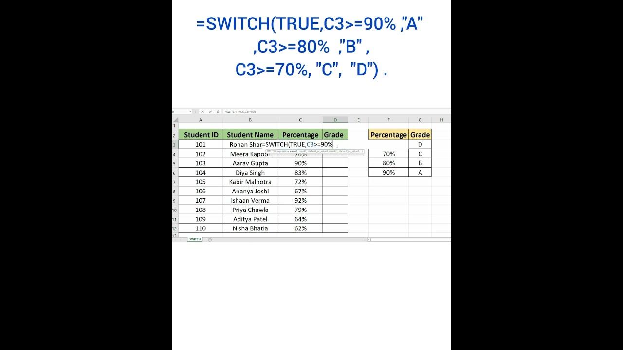Tired of calculating grades manually? Let Excel's SWITCH function do the magic! #shorts #tips # ...
