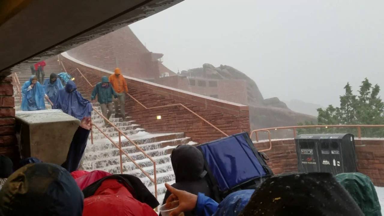 Rain and hail running down steps at Red Rocks Amphitheater - YouTube