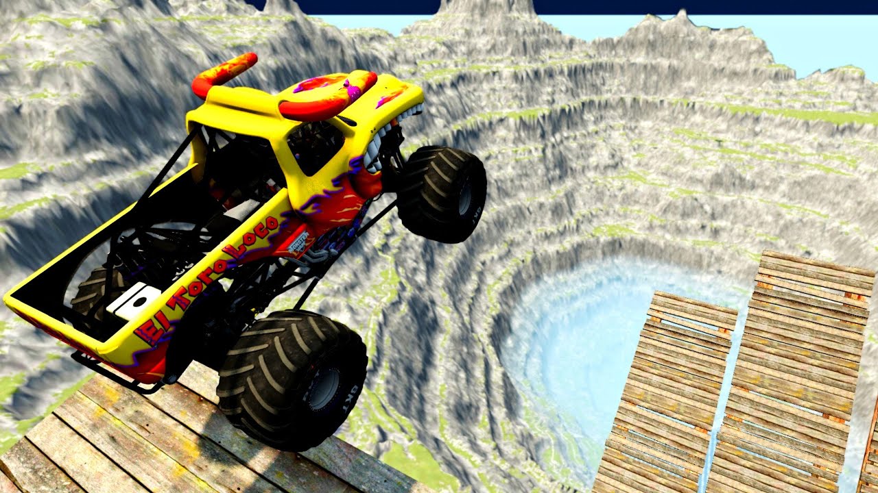 ZOMBIE and EL TORO LOCO Monster Jam VS Speed Decent Cliff jump broken ...