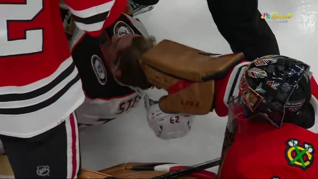 Marc-André Fleury takes off Sam Steel's Helmet during Blackhawks vs ...