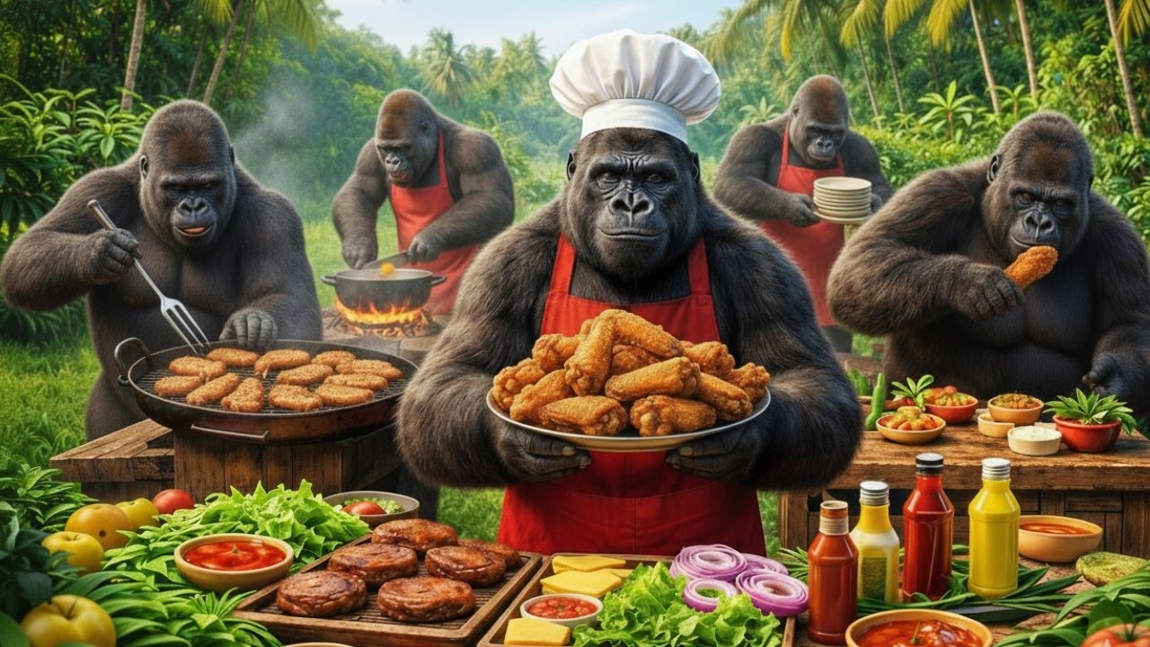 Boko The Silverback Cooks Fried Chicken for His Growing Gorilla Family ...