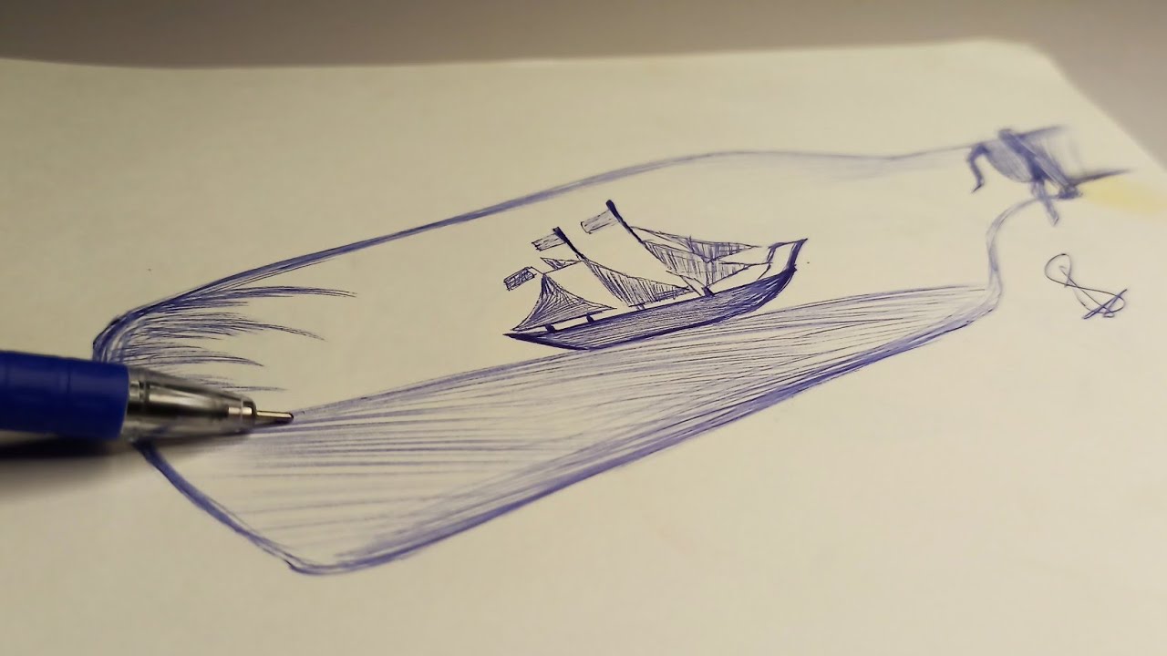 Ship Inside the Bottle Drawing | Easy Drawing for Beginners - Felacia ...