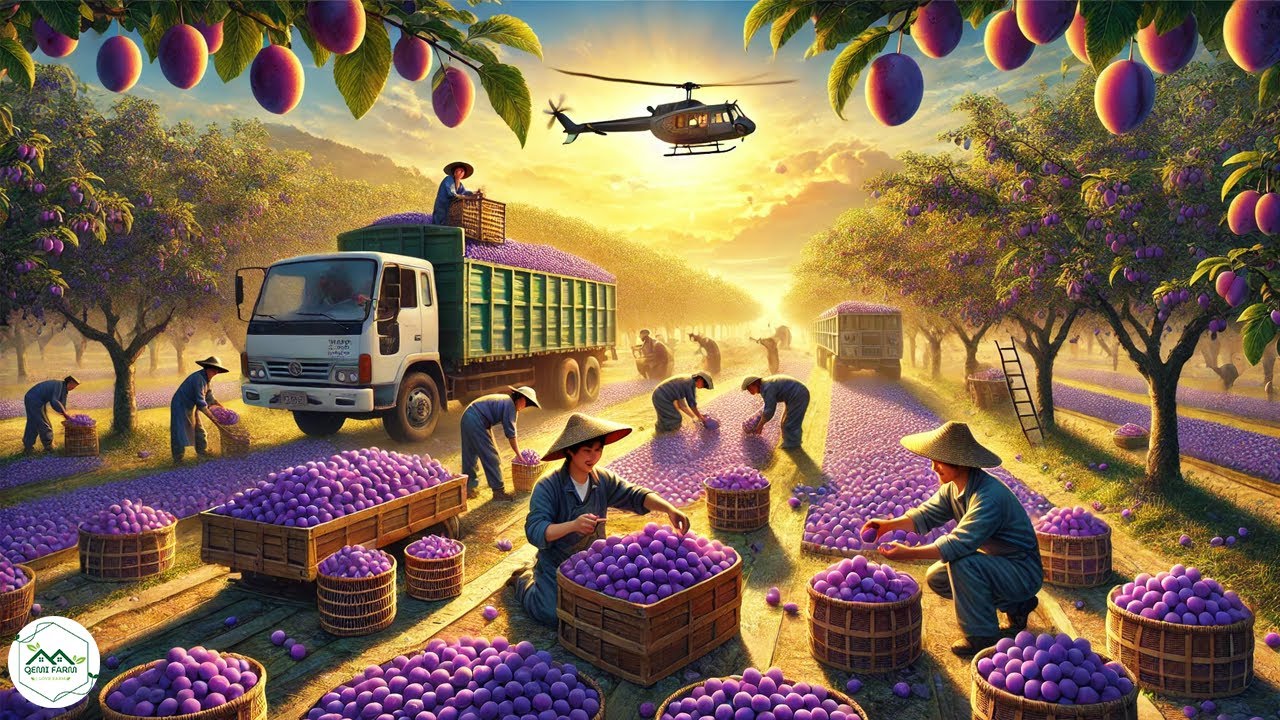 Harvesting Billions of Plums in California, Process Plums in a Factory ...