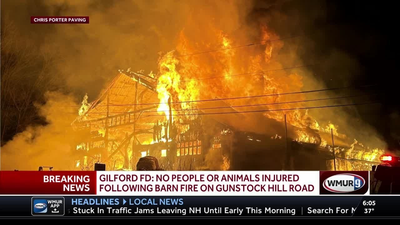 Crews from over a dozen communities help battle barn fire in Gilford ...