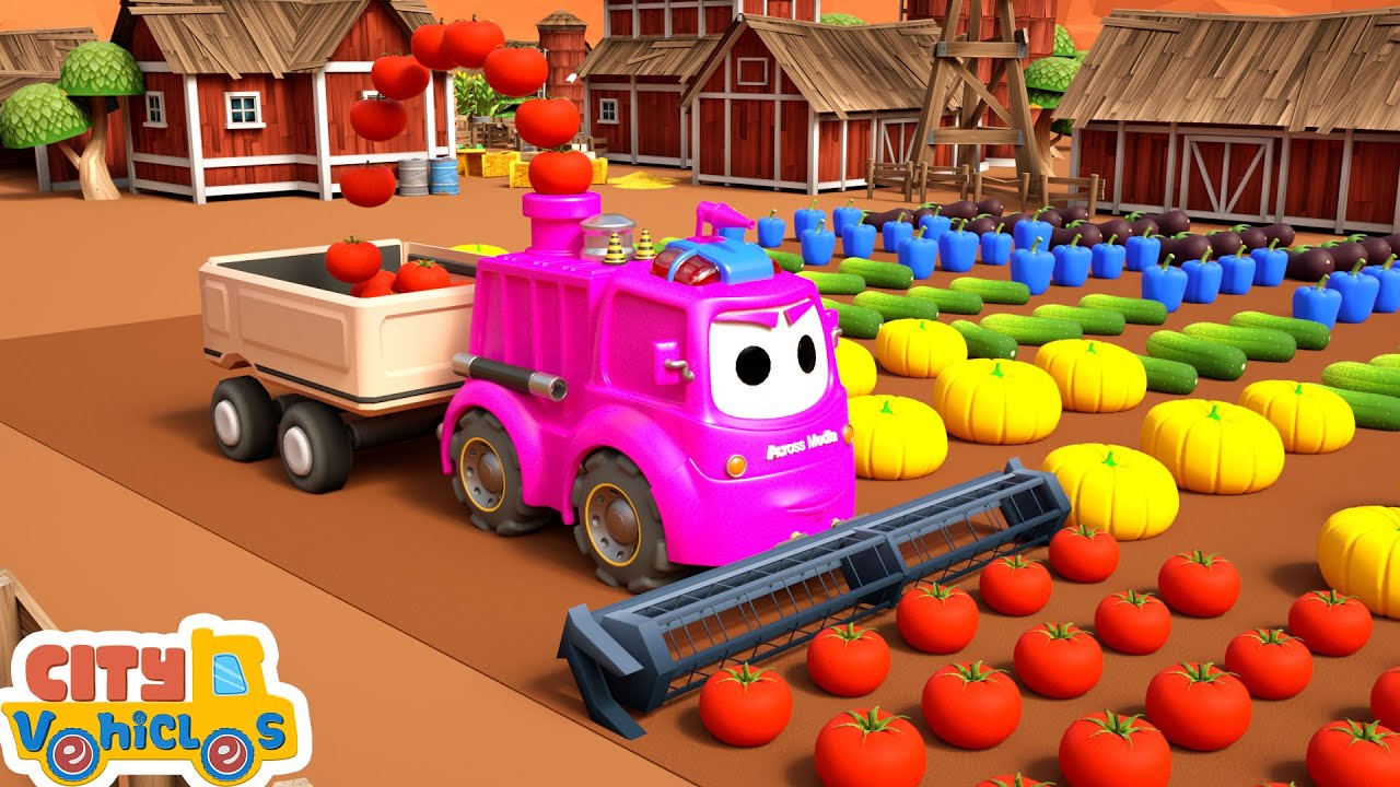 Farm vehicles harvest fruit- -Tank truck; Tractor, harvester and dump ...