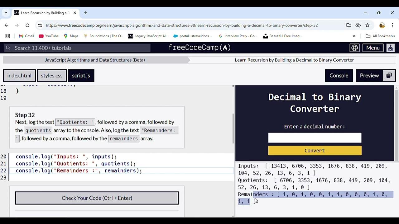 Learn Recursion by Building a Decimal to Binary Converter Step 32 freeCodeCamp.org - YouTube
