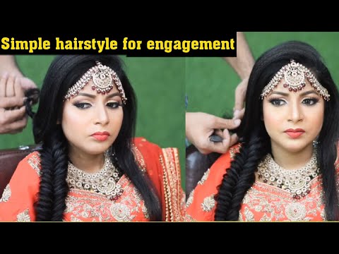 simple hairstyle for engagement bride || matha patti setting for ...