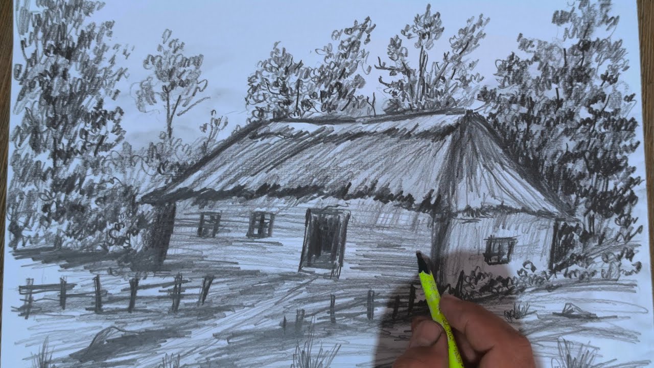 Pencil drawing of the hut.Drawing of the hut in the landscape with a ...