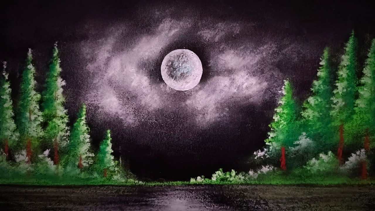 Night Scenery Drawing With Oil Pastels // Moonlight Drawing - YouTube