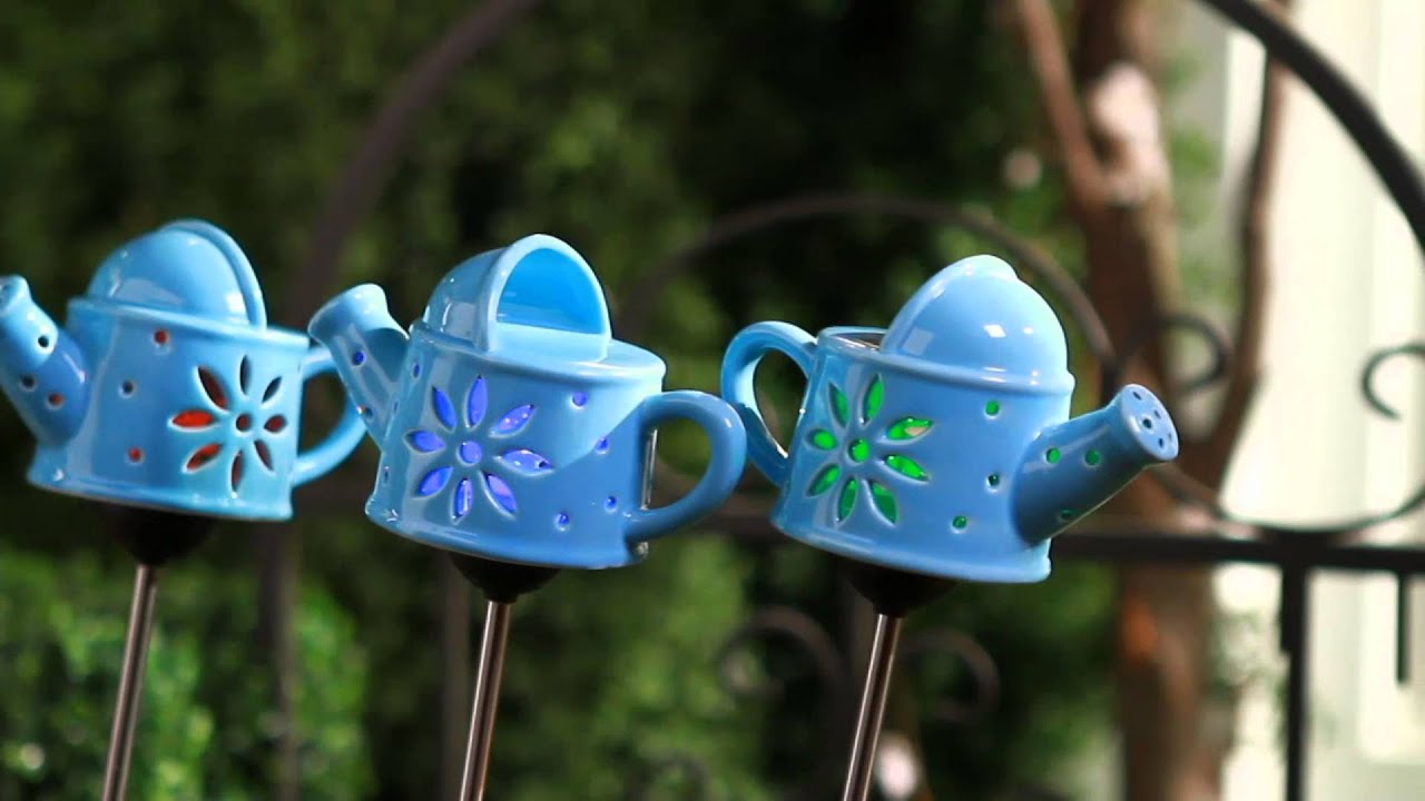 S/3 Ceramic Watering Can Solar Light Stakes by Valerie on QVC - YouTube