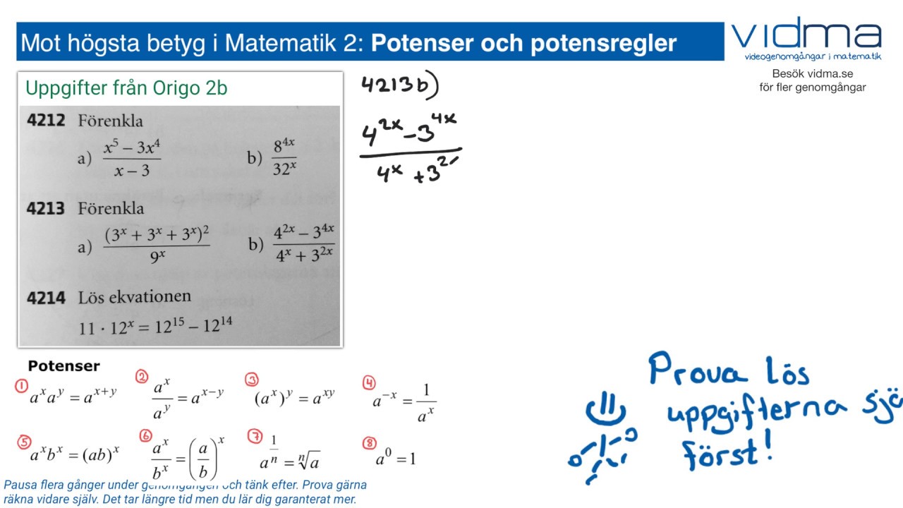 Mot högsta betyg i Matematik 2: POTENSER OCH POTENSREGLER, upg. 1-3 ...