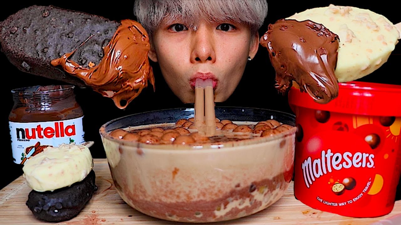 ASMR MALTESERS WITH MILK, CHOCOLATE ICE CREAM, TARO BUBBLE MILK TEA초콜릿 ...