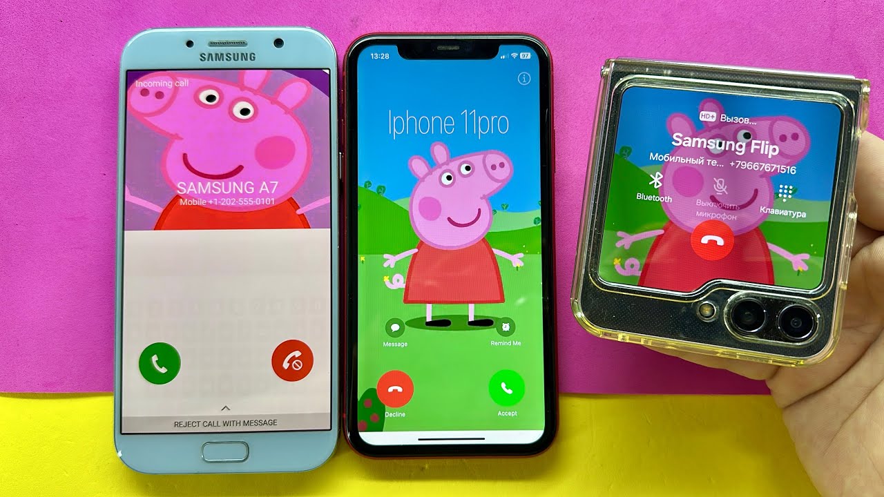 Incoming Call Peppa Pig Three Samsung Z Flip5, IPhone 11Pro, Samsung A7 ...