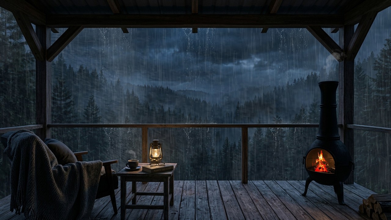 A peaceful woodland cabin in the rain, where a cozy fireplace creates ...