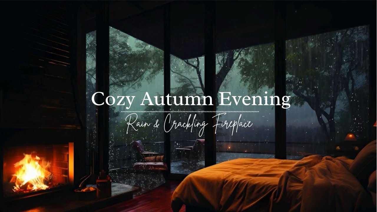 Cozy Fall Fireplace with Gentle Rain & Thunder Ambience • Autumn Rain ...